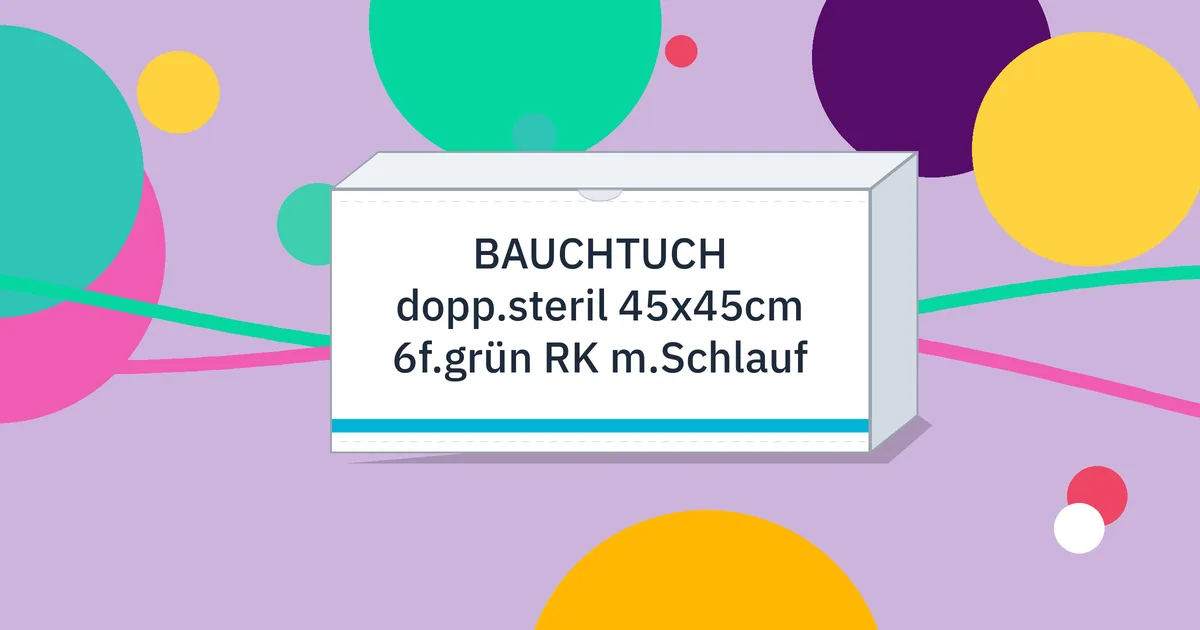 Symbolbild: Packung mit der Aufschrift BAUCHTUCH dopp.steril 45x45cm 6f.grün RK m.Schlauf (PZN 13166400) – Verfügbarkeit und Bezug in Apotheken in Frankfurt am Main