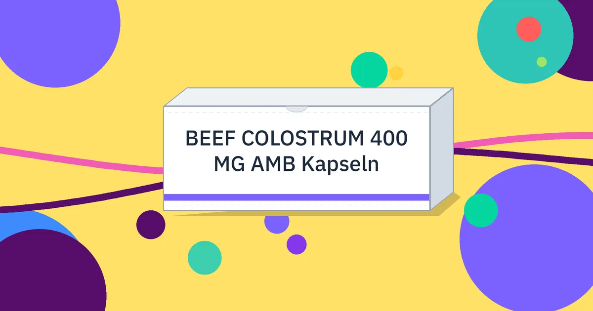 Symbolbild: Packung mit der Aufschrift BEEF COLOSTRUM 400 MG AMB Kapseln (PZN 19547528) – Verfügbarkeit und Bezug in Apotheken in Frankfurt am Main