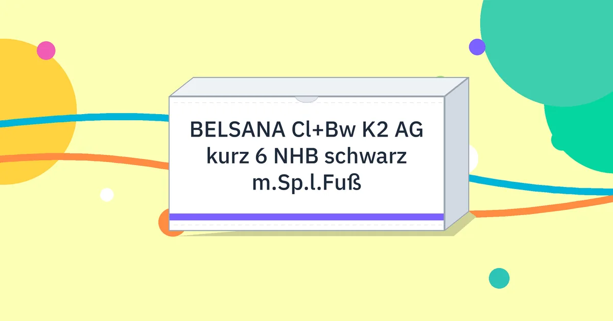 Symbolbild: Packung mit der Aufschrift BELSANA Cl+Bw K2 AG kurz 6 NHB schwarz m.Sp.l.Fuß (PZN 12248461) – Verfügbarkeit und Bezug in Apotheken in Frankfurt am Main