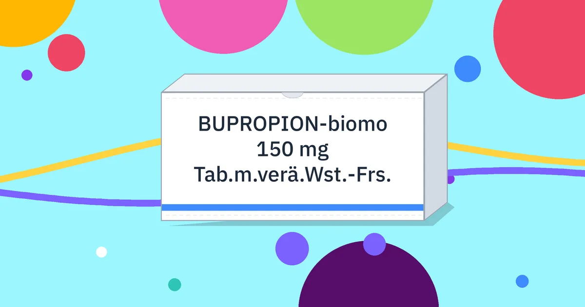 Symbolbild: Packung mit der Aufschrift BUPROPION-biomo 150 mg Tab.m.verä.Wst.-Frs. (PZN 14413355) – Verfügbarkeit und Bezug in Apotheken in Frankfurt am Main
