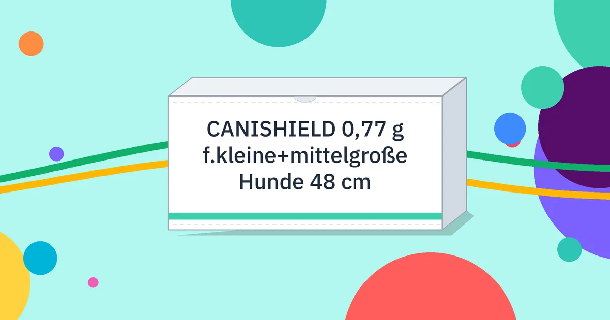 Symbolbild: Packung mit der Aufschrift CANISHIELD 0,77 g f.kleine+mittelgroße Hunde 48 cm (PZN 15371251) – Verfügbarkeit und Bezug in Apotheken in Frankfurt am Main