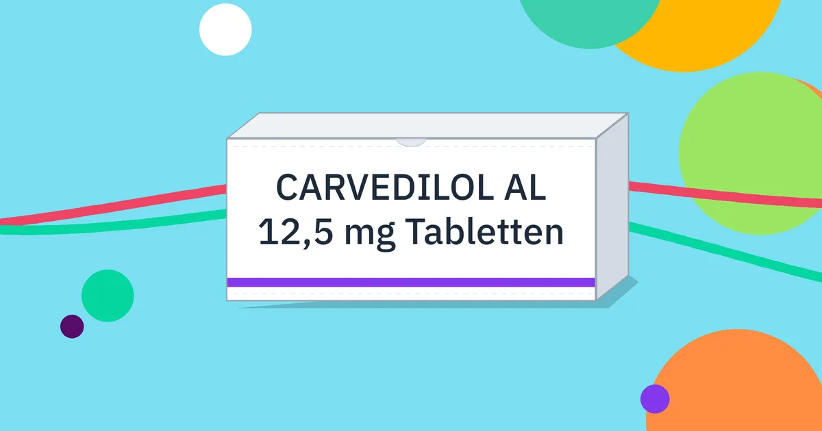 Symbolbild: Packung mit der Aufschrift CARVEDILOL AL 12,5 mg Tabletten (PZN 00019703) – Verfügbarkeit und Bezug in Apotheken in Frankfurt am Main