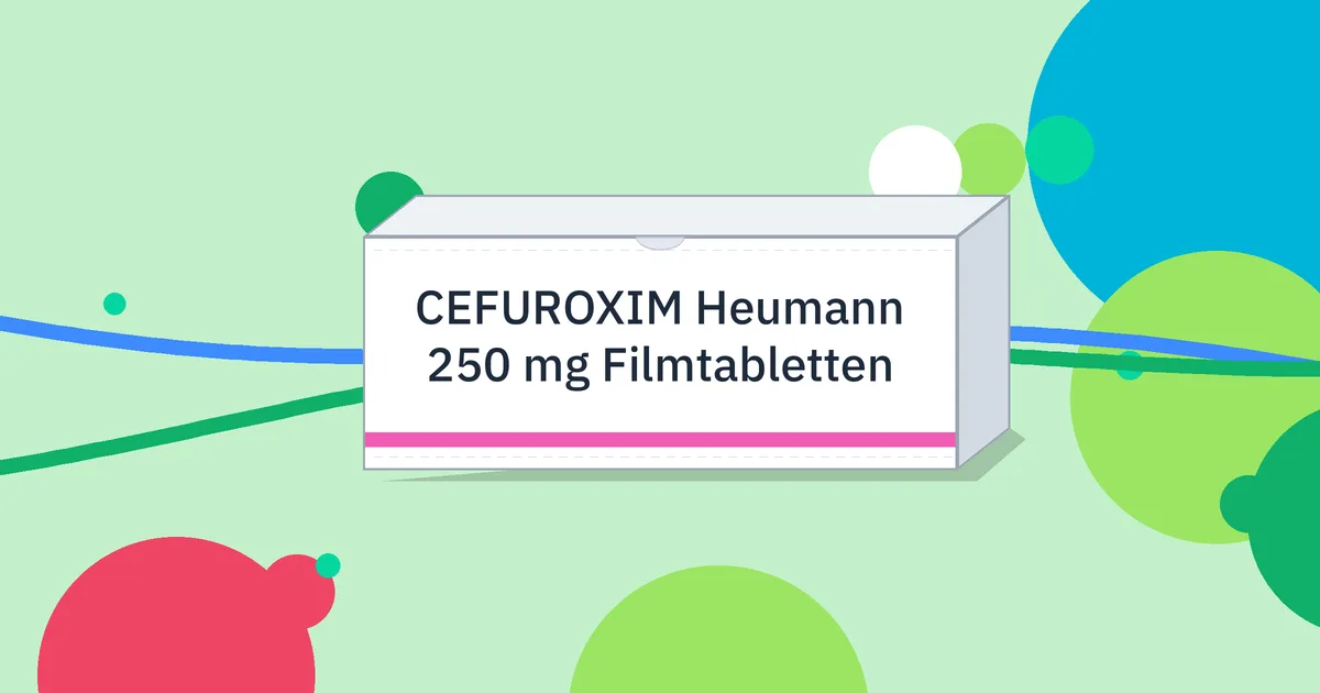 Symbolbild: Packung mit der Aufschrift CEFUROXIM Heumann 250 mg Filmtabletten (PZN 18470953) – Verfügbarkeit und Bezug in Apotheken in Frankfurt am Main