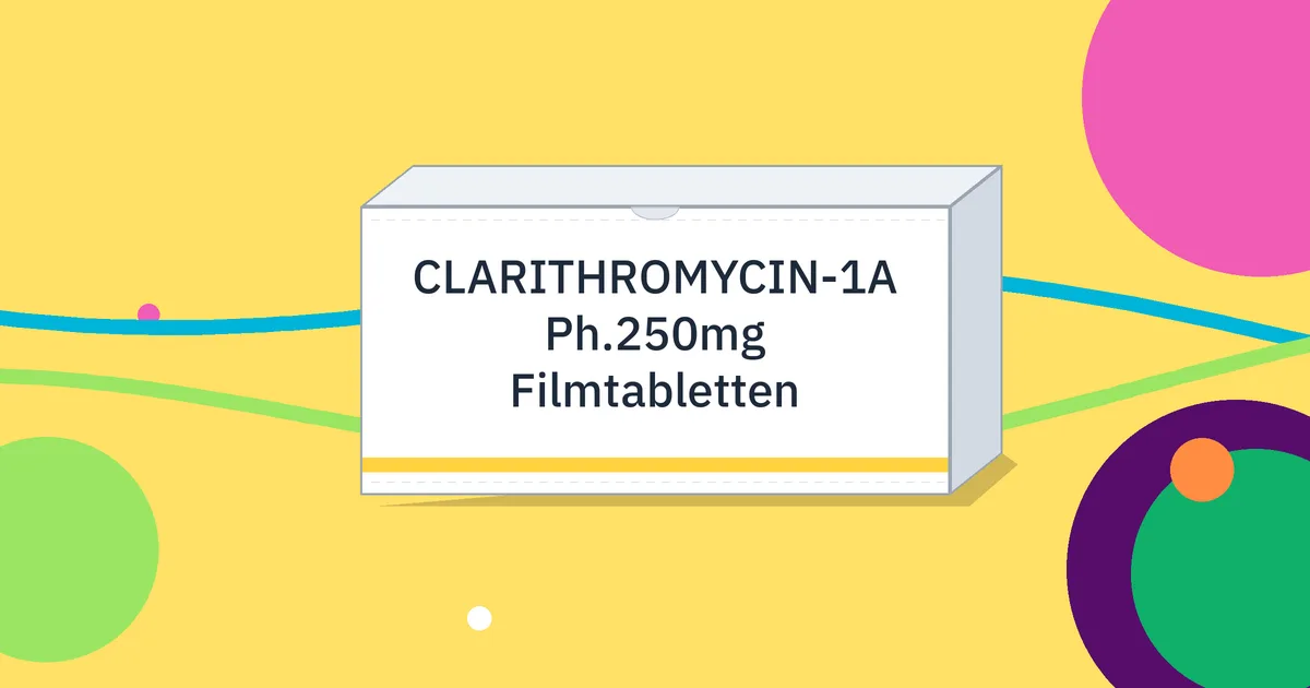 Symbolbild: Packung mit der Aufschrift CLARITHROMYCIN-1A Ph.250mg Filmtabletten (PZN 03811294) – Verfügbarkeit und Bezug in Apotheken in Frankfurt am Main