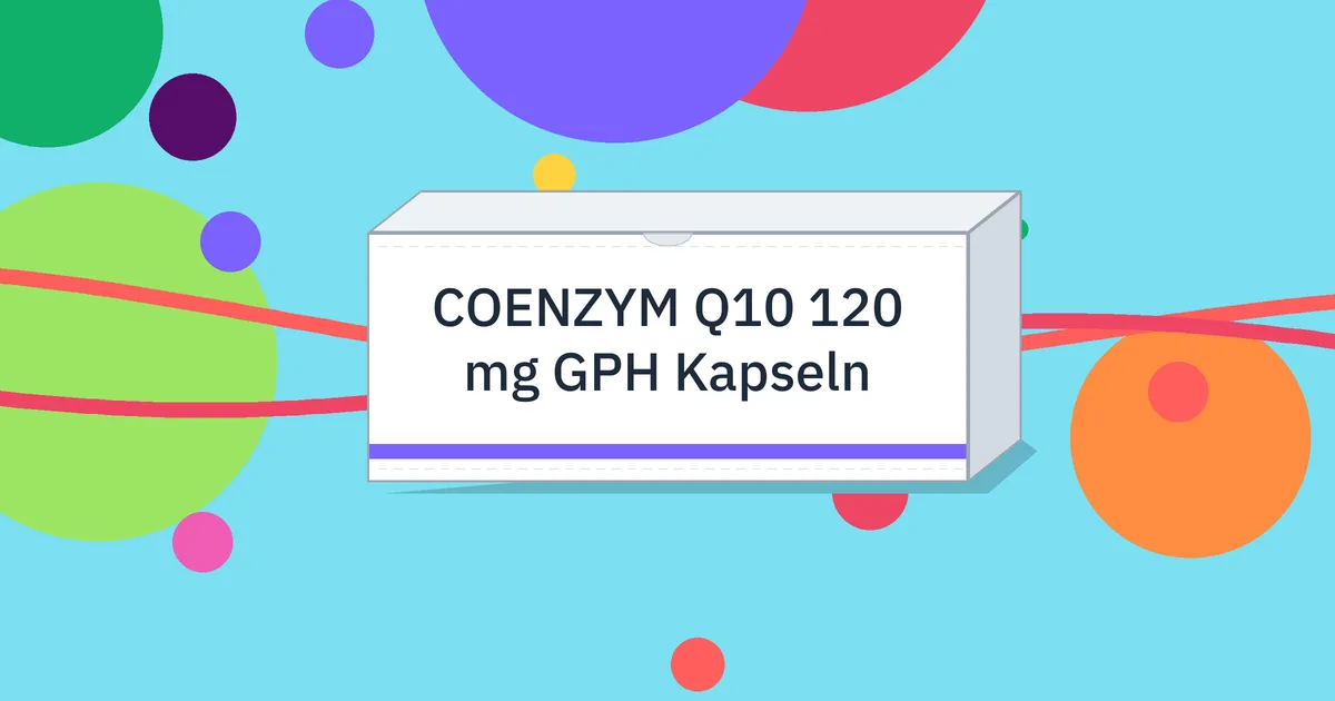 Symbolbild: Packung mit der Aufschrift COENZYM Q10 120 mg GPH Kapseln (PZN 06832799) – Verfügbarkeit und Bezug in Apotheken in Frankfurt am Main