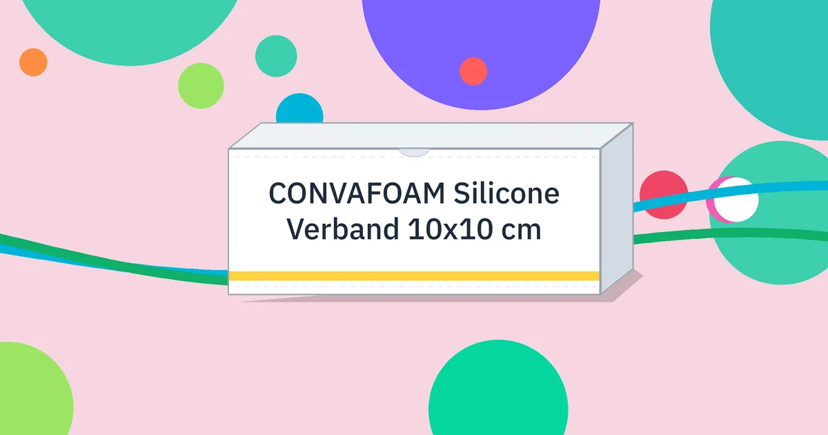 Symbolbild: Packung mit der Aufschrift CONVAFOAM Silicone Verband 10x10 cm (PZN 20089433) – Verfügbarkeit und Bezug in Apotheken in Frankfurt am Main