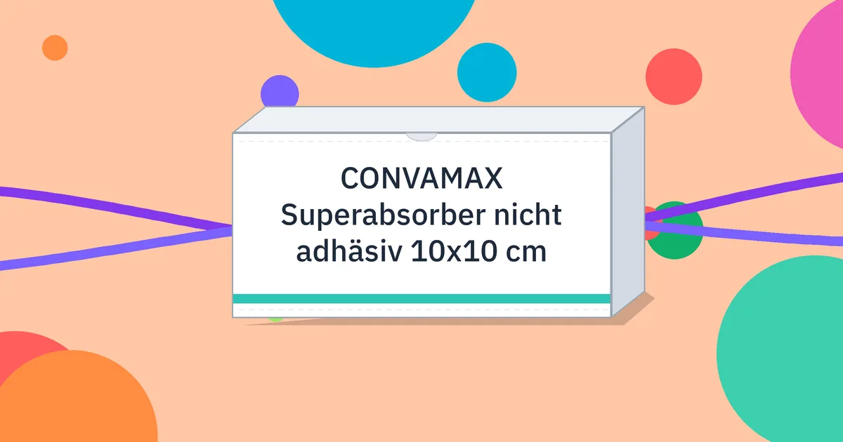 Symbolbild: Packung mit der Aufschrift CONVAMAX Superabsorber nicht adhäsiv 10x10 cm (PZN 18762851) – Verfügbarkeit und Bezug in Apotheken in Frankfurt am Main