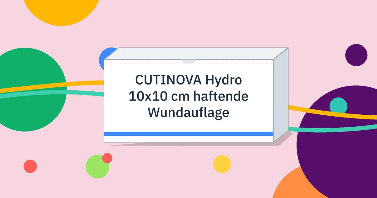 Symbolbild: Packung mit der Aufschrift CUTINOVA Hydro 10x10 cm haftende Wundauflage (PZN 06718520) – Verfügbarkeit und Bezug in Apotheken in Frankfurt am Main