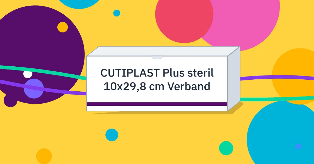 Symbolbild: Packung mit der Aufschrift CUTIPLAST Plus steril 10x29,8 cm Verband (PZN 10046204) – Verfügbarkeit und Bezug in Apotheken in Frankfurt am Main