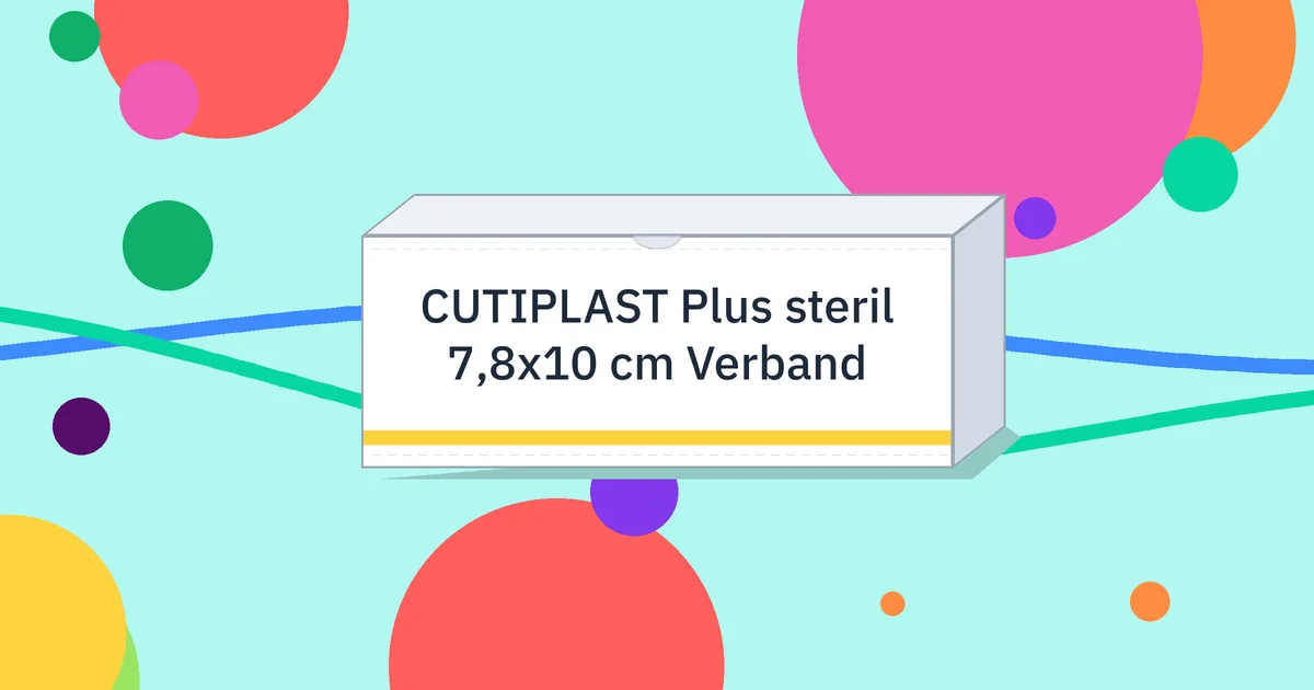 Symbolbild: Packung mit der Aufschrift CUTIPLAST Plus steril 7,8x10 cm Verband (PZN 10046109) – Verfügbarkeit und Bezug in Apotheken in Frankfurt am Main