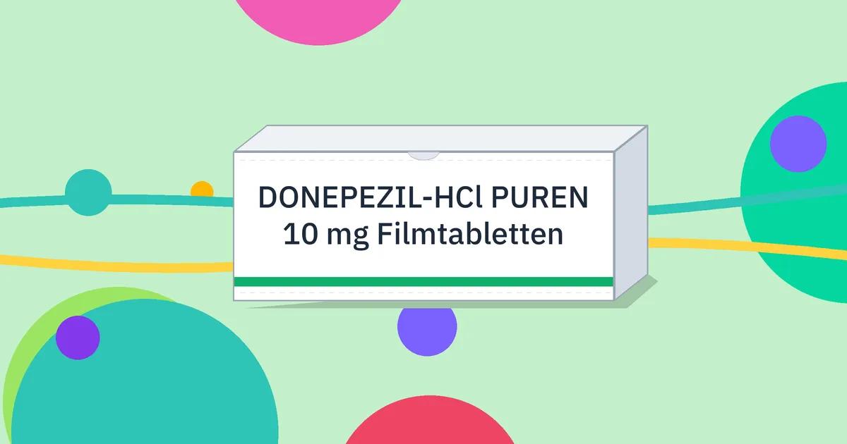 Symbolbild: Packung mit der Aufschrift DONEPEZIL-HCl PUREN 10 mg Filmtabletten (PZN 12774379) – Verfügbarkeit und Bezug in Apotheken in Frankfurt am Main