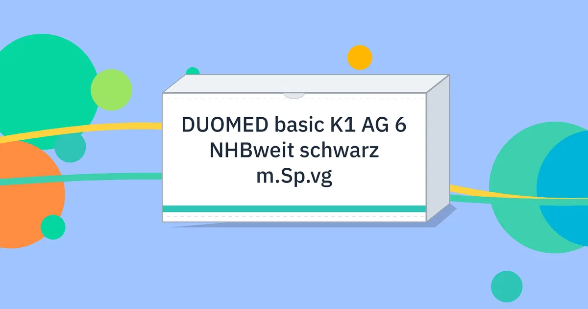 Symbolbild: Packung mit der Aufschrift DUOMED basic K1 AG 6 NHBweit schwarz m.Sp.vg (PZN 20905878) – Verfügbarkeit und Bezug in Apotheken in Frankfurt am Main