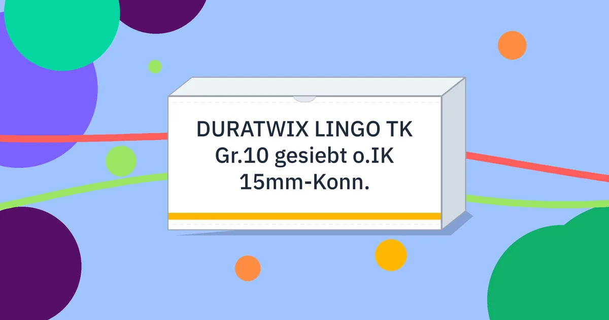 Symbolbild: Packung mit der Aufschrift DURATWIX LINGO TK Gr.10 gesiebt o.IK 15mm-Konn. (PZN 06971466) – Verfügbarkeit und Bezug in Apotheken in Frankfurt am Main