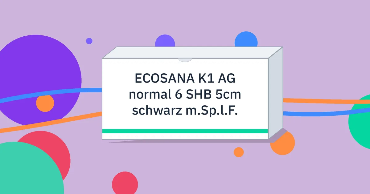 Symbolbild: Packung mit der Aufschrift ECOSANA K1 AG normal 6 SHB 5cm schwarz m.Sp.l.F. (PZN 04729577) – Verfügbarkeit und Bezug in Apotheken in Frankfurt am Main