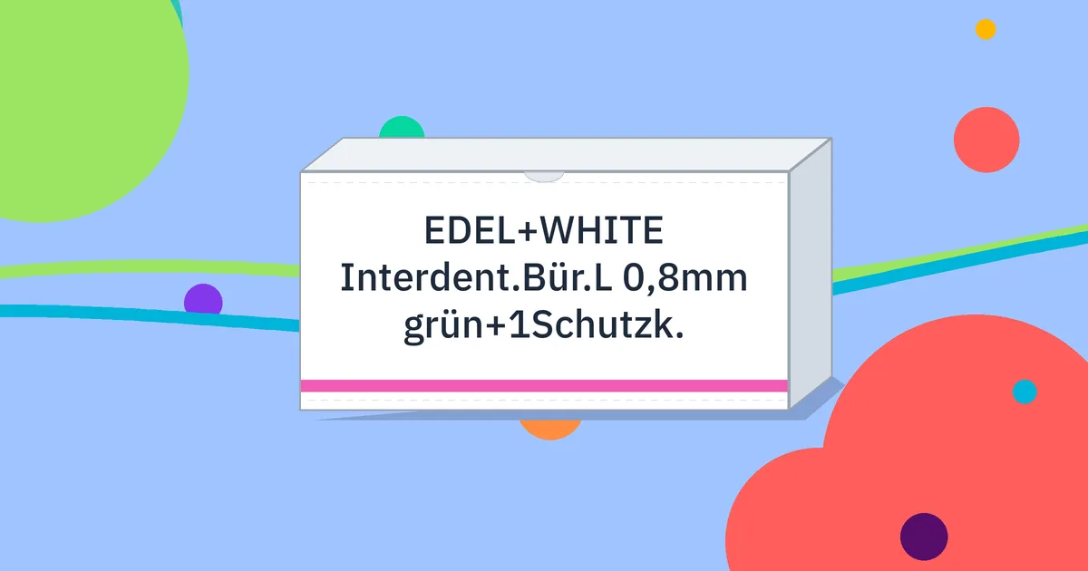Symbolbild: Packung mit der Aufschrift EDEL+WHITE Interdent.Bür.L 0,8mm grün+1Schutzk. (PZN 00182455) – Verfügbarkeit und Bezug in Apotheken in Frankfurt am Main
