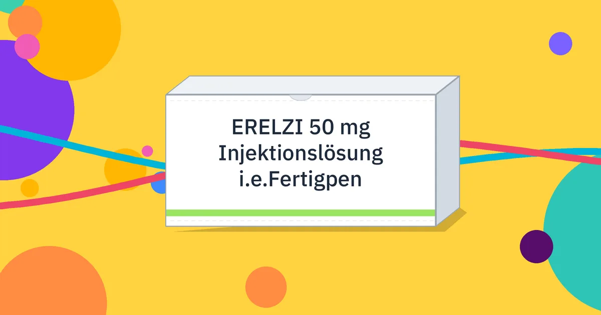 Symbolbild: Packung mit der Aufschrift ERELZI 50 mg Injektionslösung i.e.Fertigpen (PZN 18199545) – Verfügbarkeit und Bezug in Apotheken in Frankfurt am Main