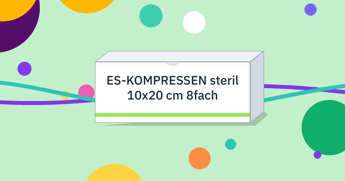 Symbolbild: Packung mit der Aufschrift ES-KOMPRESSEN steril 10x20 cm 8fach (PZN 18427779) – Verfügbarkeit und Bezug in Apotheken in Frankfurt am Main