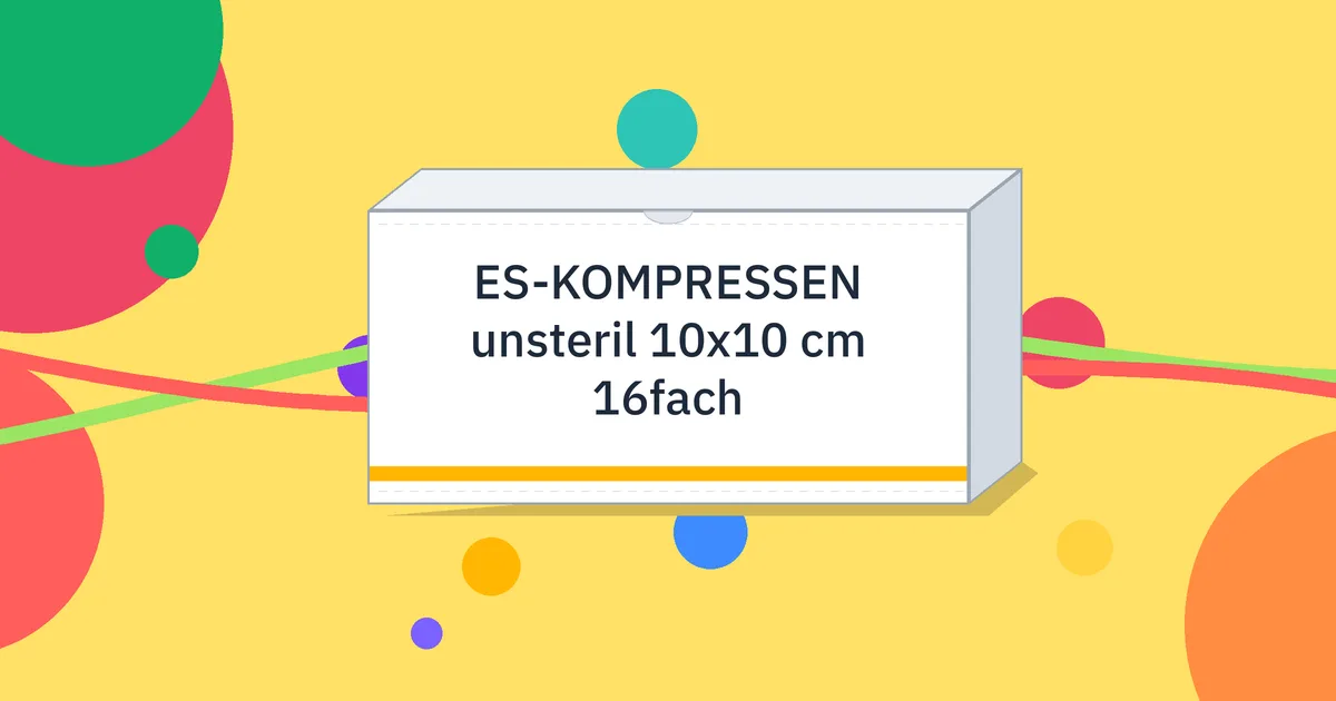 Symbolbild: Packung mit der Aufschrift ES-KOMPRESSEN unsteril 10x10 cm 16fach (PZN 18154471) – Verfügbarkeit und Bezug in Apotheken in Frankfurt am Main