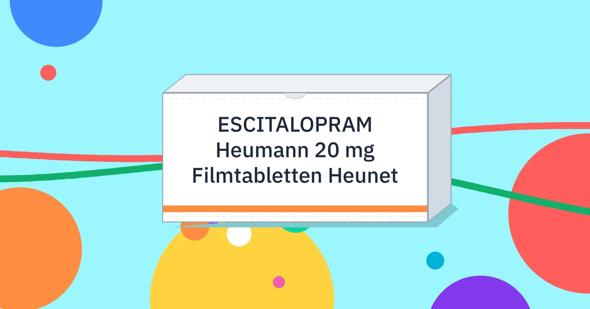 Symbolbild: Packung mit der Aufschrift ESCITALOPRAM Heumann 20 mg Filmtabletten Heunet (PZN 12581775) – Verfügbarkeit und Bezug in Apotheken in Frankfurt am Main