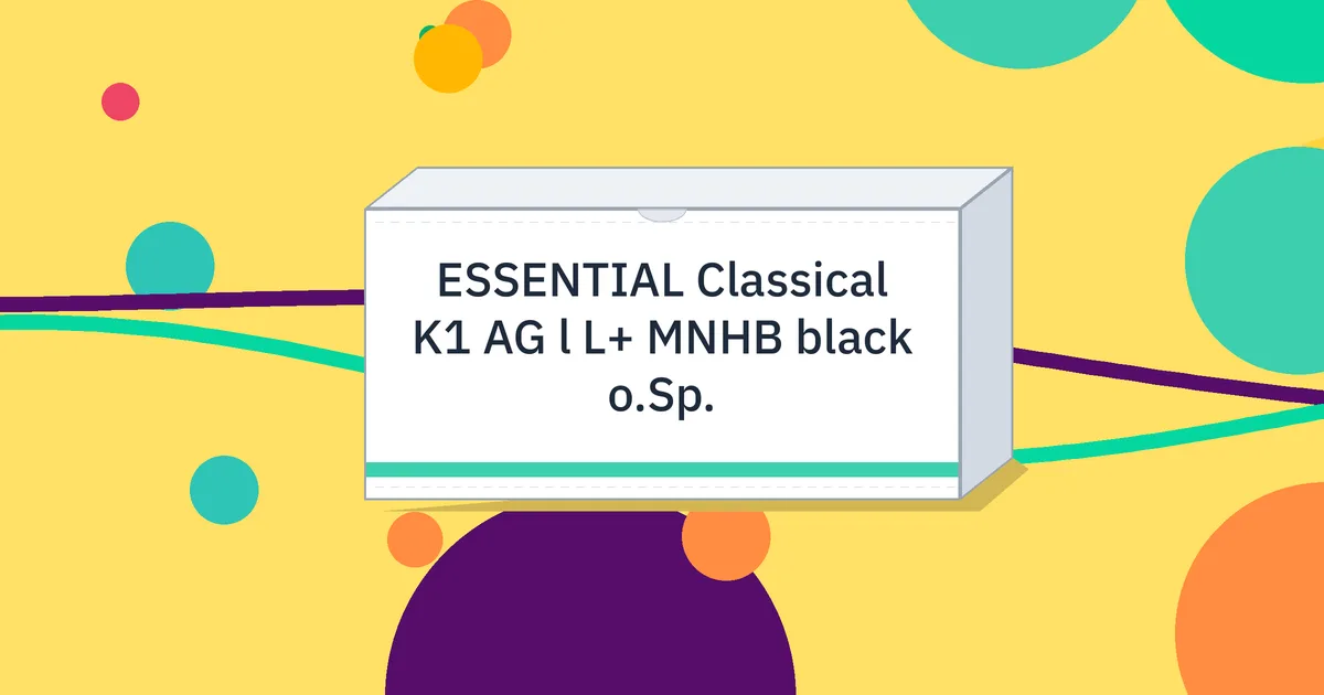 Symbolbild: Packung mit der Aufschrift ESSENTIAL Classical K1 AG l L+ MNHB black o.Sp. (PZN 19321161) – Verfügbarkeit und Bezug in Apotheken in Frankfurt am Main