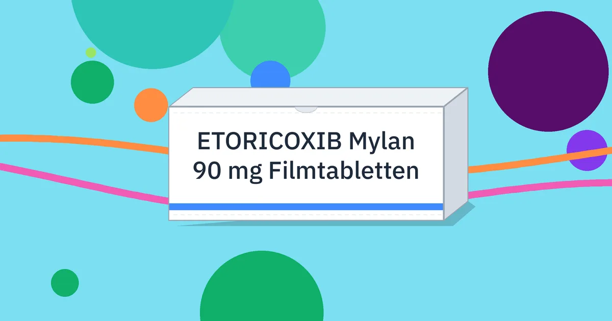 Symbolbild: Packung mit der Aufschrift ETORICOXIB Mylan 90 mg Filmtabletten (PZN 12643312) – Verfügbarkeit und Bezug in Apotheken in Frankfurt am Main