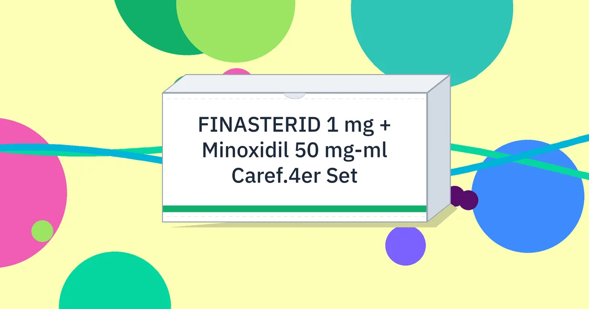 Symbolbild: Packung mit der Aufschrift FINASTERID 1 mg + Minoxidil 50 mg-ml Caref.4er Set (PZN 19979699) – Verfügbarkeit und Bezug in Apotheken in Frankfurt am Main