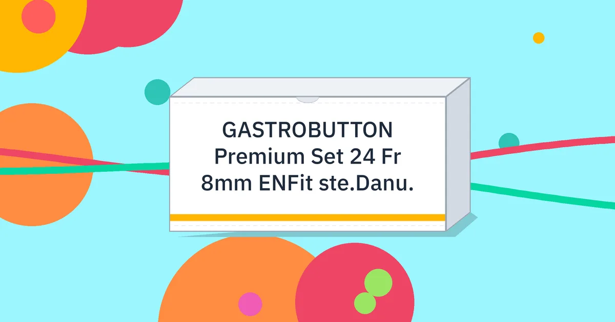 Symbolbild: Packung mit der Aufschrift GASTROBUTTON Premium Set 24 Fr 8mm ENFit ste.Danu. (PZN 16884053) – Verfügbarkeit und Bezug in Apotheken in Frankfurt am Main