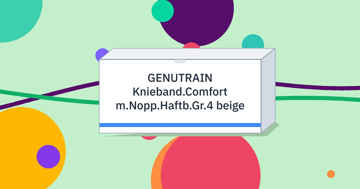 Symbolbild: Packung mit der Aufschrift GENUTRAIN Knieband.Comfort m.Nopp.Haftb.Gr.4 beige (PZN 20040013) – Verfügbarkeit und Bezug in Apotheken in Frankfurt am Main