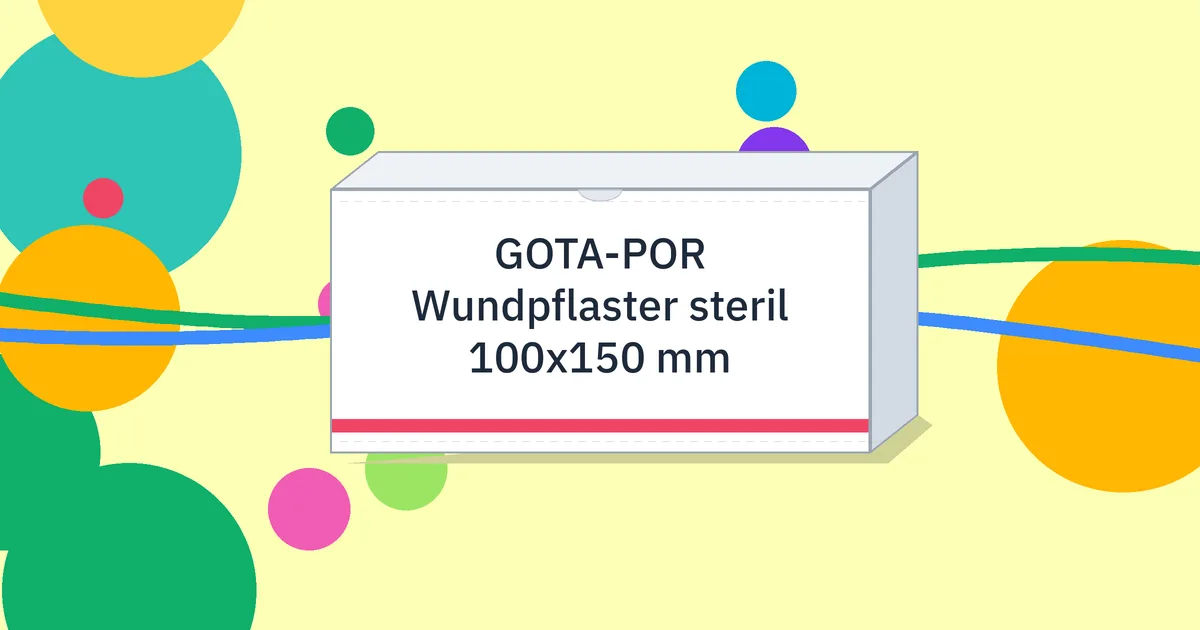 Symbolbild: Packung mit der Aufschrift GOTA-POR Wundpflaster steril 100x150 mm (PZN 04473652) – Verfügbarkeit und Bezug in Apotheken in Frankfurt am Main