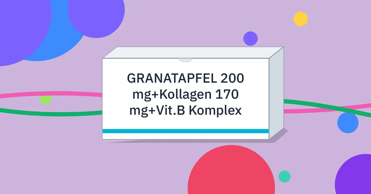 Symbolbild: Packung mit der Aufschrift GRANATAPFEL 200 mg+Kollagen 170 mg+Vit.B Komplex (PZN 11668304) – Verfügbarkeit und Bezug in Apotheken in Frankfurt am Main