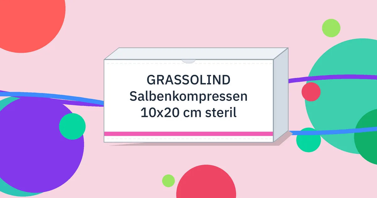 Symbolbild: Packung mit der Aufschrift GRASSOLIND Salbenkompressen 10x20 cm steril (PZN 18127741) – Verfügbarkeit und Bezug in Apotheken in Frankfurt am Main