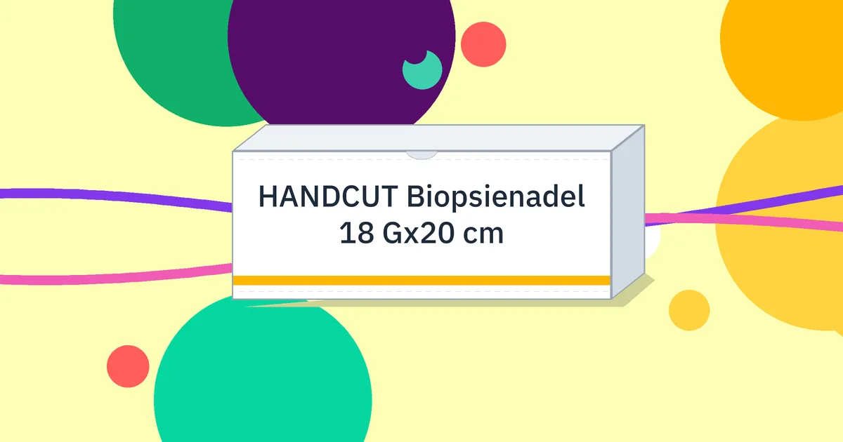 Symbolbild: Packung mit der Aufschrift HANDCUT Biopsienadel 18 Gx20 cm (PZN 16921707) – Verfügbarkeit und Bezug in Apotheken in Frankfurt am Main