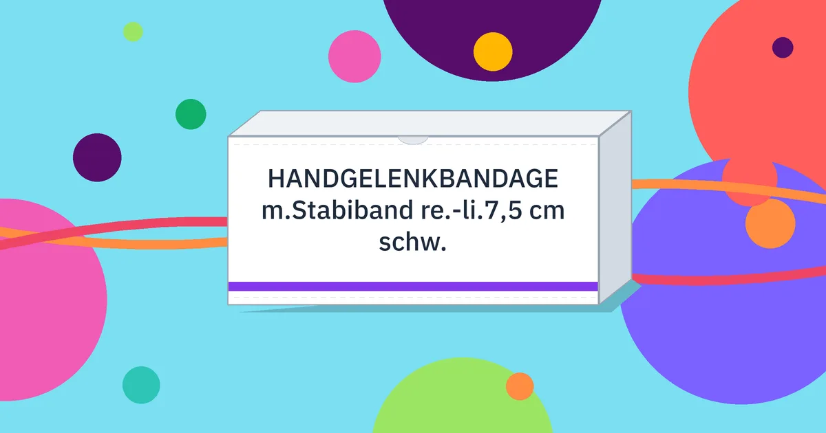Symbolbild: Packung mit der Aufschrift HANDGELENKBANDAGE m.Stabiband re.-li.7,5 cm schw. (PZN 13827327) – Verfügbarkeit und Bezug in Apotheken in Frankfurt am Main