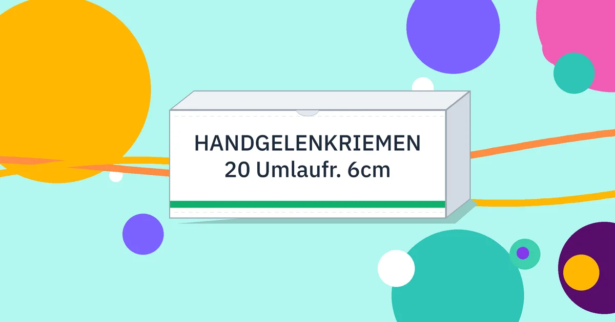 Symbolbild: Packung mit der Aufschrift HANDGELENKRIEMEN 20 Umlaufr. 6cm (PZN 01962698) – Verfügbarkeit und Bezug in Apotheken in Frankfurt am Main