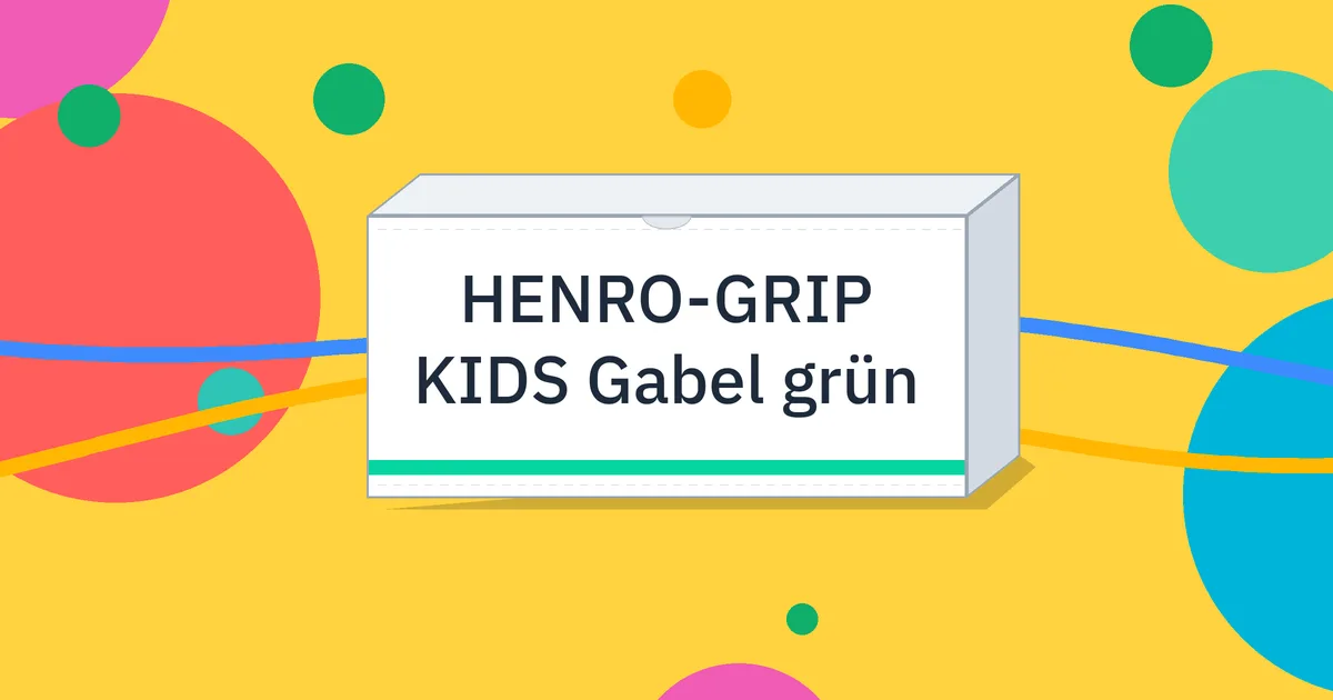 Symbolbild: Packung mit der Aufschrift HENRO-GRIP KIDS Gabel grün (PZN 14300208) – Verfügbarkeit und Bezug in Apotheken in Frankfurt am Main