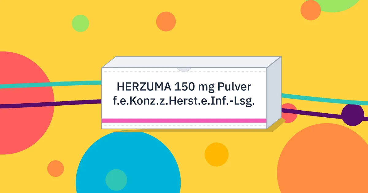 Symbolbild: Packung mit der Aufschrift HERZUMA 150 mg Pulver f.e.Konz.z.Herst.e.Inf.-Lsg. (PZN 14293980) – Verfügbarkeit und Bezug in Apotheken in Frankfurt am Main