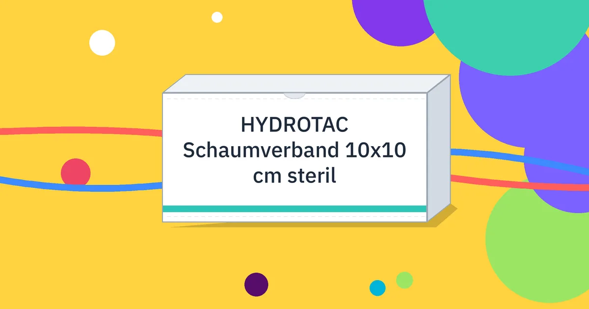 Symbolbild: Packung mit der Aufschrift HYDROTAC Schaumverband 10x10 cm steril (PZN 12559623) – Verfügbarkeit und Bezug in Apotheken in Frankfurt am Main