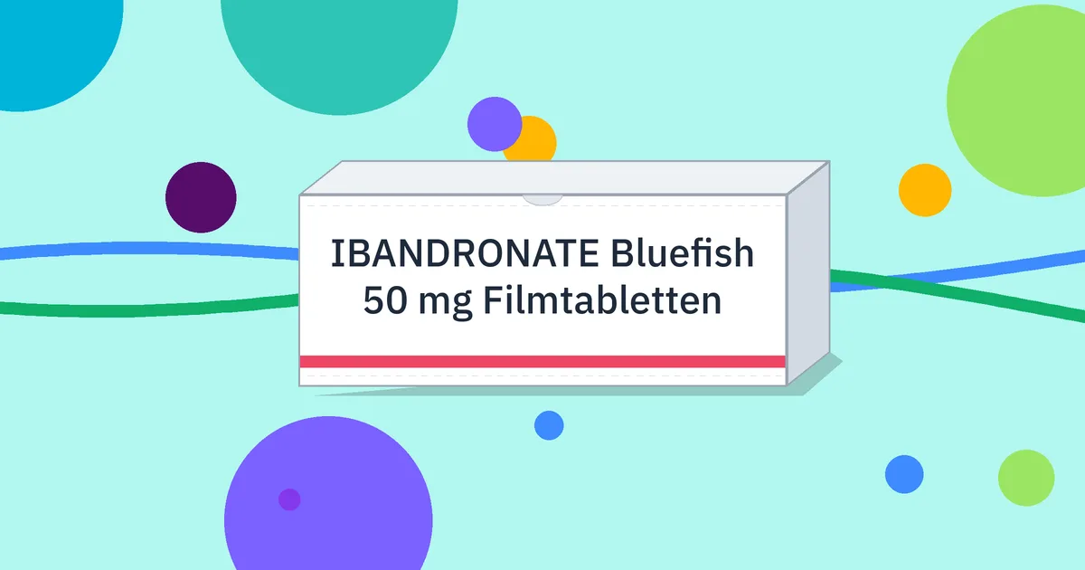 Symbolbild: Packung mit der Aufschrift IBANDRONATE Bluefish 50 mg Filmtabletten (PZN 09294380) – Verfügbarkeit und Bezug in Apotheken in Frankfurt am Main