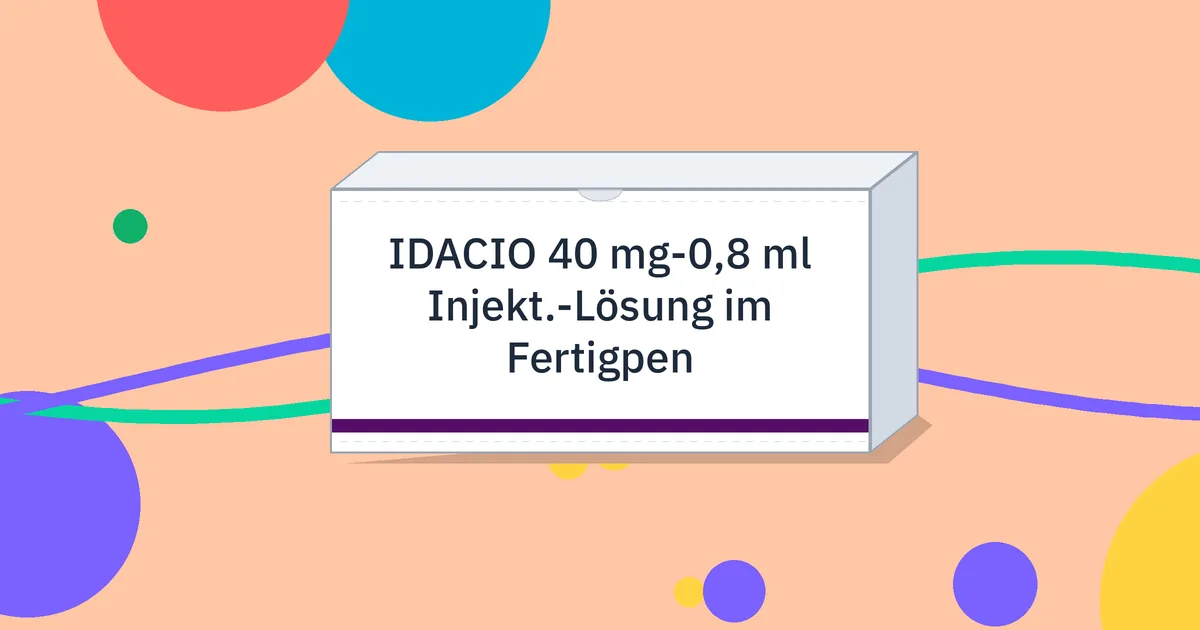 Symbolbild: Packung mit der Aufschrift IDACIO 40 mg-0,8 ml Injekt.-Lösung im Fertigpen (PZN 16146697) – Verfügbarkeit und Bezug in Apotheken in Frankfurt am Main