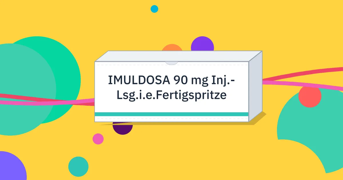 Symbolbild: Packung mit der Aufschrift IMULDOSA 90 mg Inj.-Lsg.i.e.Fertigspritze (PZN 19523249) – Verfügbarkeit und Bezug in Apotheken in Frankfurt am Main