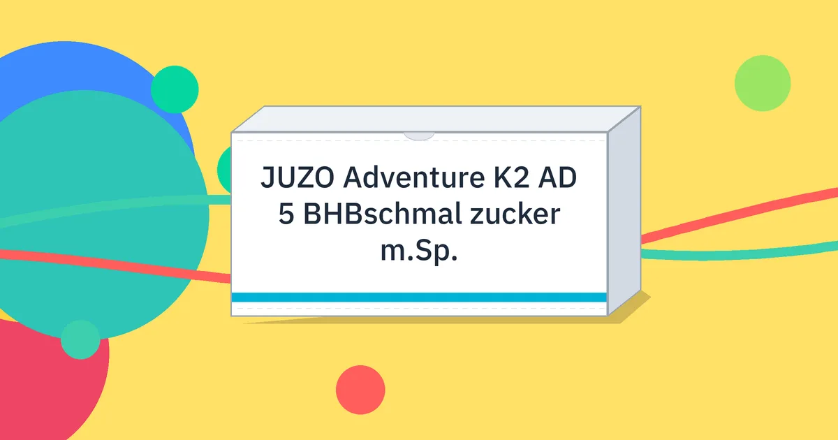 Symbolbild: Packung mit der Aufschrift JUZO Adventure K2 AD 5 BHBschmal zucker m.Sp. (PZN 16343185) – Verfügbarkeit und Bezug in Apotheken in Frankfurt am Main