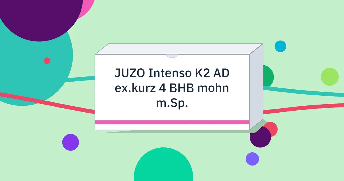 Symbolbild: Packung mit der Aufschrift JUZO Intenso K2 AD ex.kurz 4 BHB mohn m.Sp. (PZN 18615311) – Verfügbarkeit und Bezug in Apotheken in Frankfurt am Main