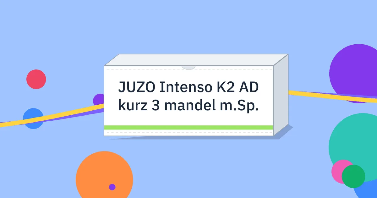 Symbolbild: Packung mit der Aufschrift JUZO Intenso K2 AD kurz 3 mandel m.Sp. (PZN 18607576) – Verfügbarkeit und Bezug in Apotheken in Frankfurt am Main