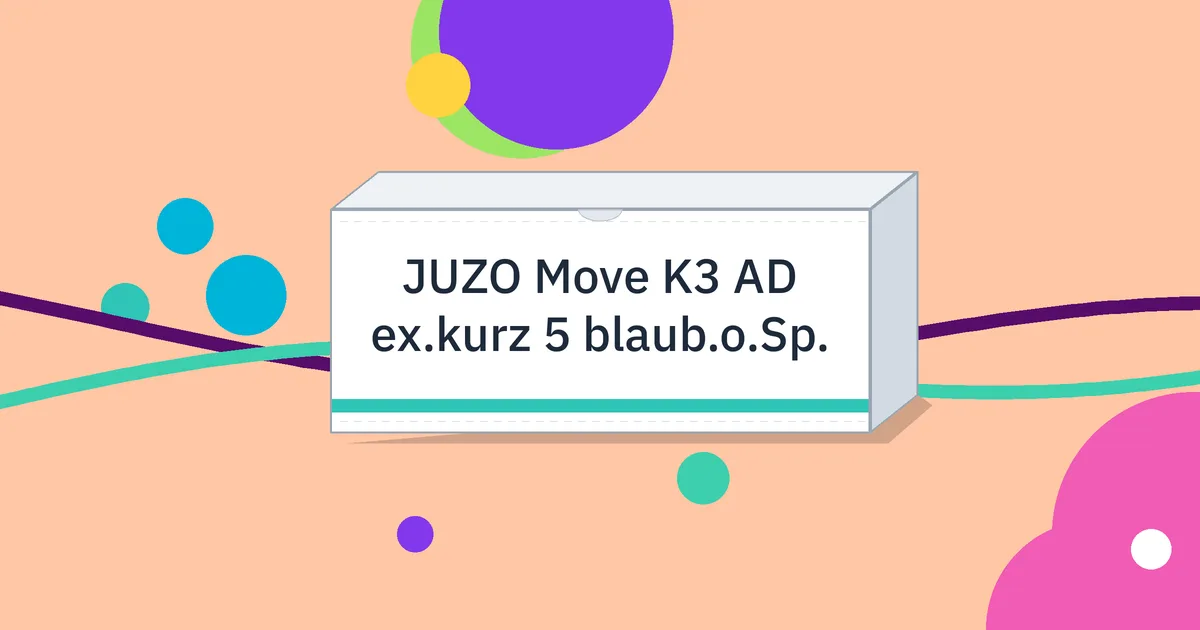 Symbolbild: Packung mit der Aufschrift JUZO Move K3 AD ex.kurz 5 blaub.o.Sp. (PZN 18573819) – Verfügbarkeit und Bezug in Apotheken in Frankfurt am Main