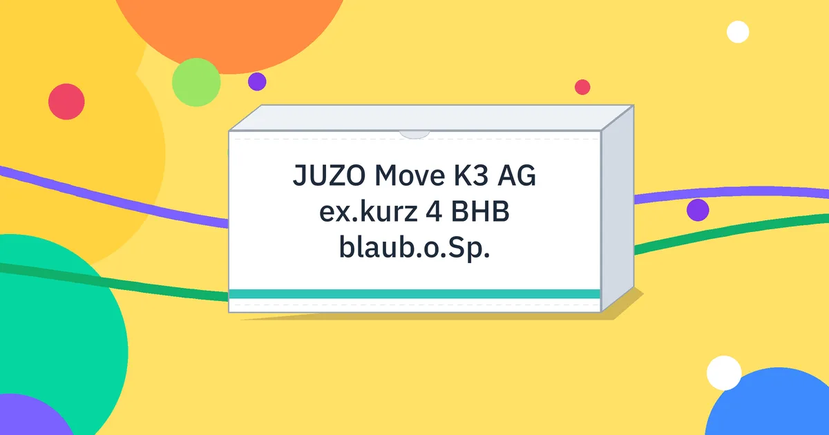 Symbolbild: Packung mit der Aufschrift JUZO Move K3 AG ex.kurz 4 BHB blaub.o.Sp. (PZN 18597375) – Verfügbarkeit und Bezug in Apotheken in Frankfurt am Main