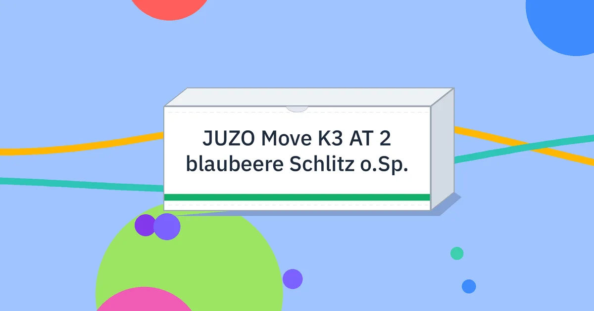 Symbolbild: Packung mit der Aufschrift JUZO Move K3 AT 2 blaubeere Schlitz o.Sp. (PZN 20679548) – Verfügbarkeit und Bezug in Apotheken in Frankfurt am Main