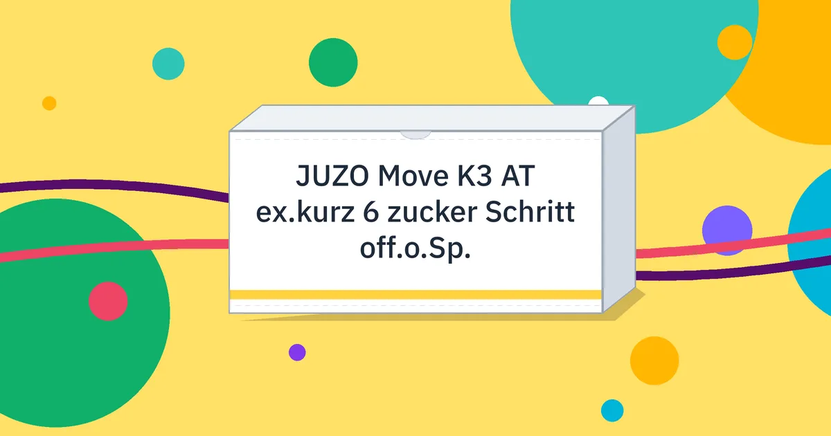 Symbolbild: Packung mit der Aufschrift JUZO Move K3 AT ex.kurz 6 zucker Schritt off.o.Sp. (PZN 20681864) – Verfügbarkeit und Bezug in Apotheken in Frankfurt am Main