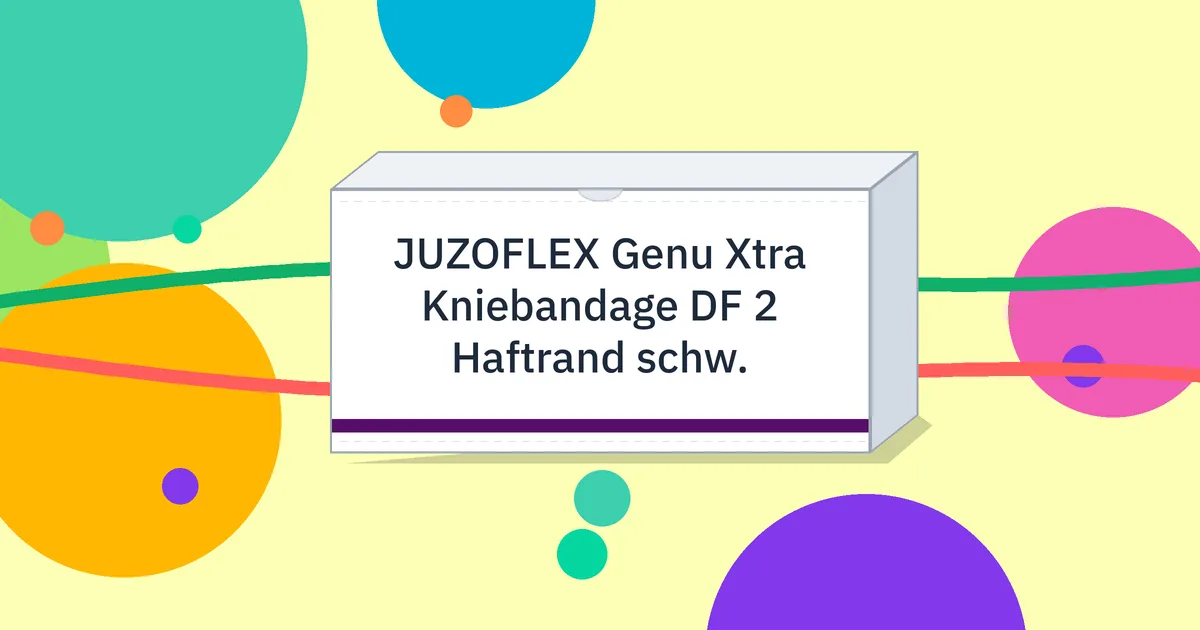 Symbolbild: Packung mit der Aufschrift JUZOFLEX Genu Xtra Kniebandage DF 2 Haftrand schw. (PZN 16497273) – Verfügbarkeit und Bezug in Apotheken in Frankfurt am Main