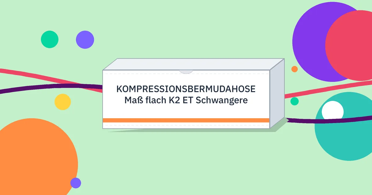 Symbolbild: Packung mit der Aufschrift KOMPRESSIONSBERMUDAHOSE Maß flach K2 ET Schwangere (PZN 16745943) – Verfügbarkeit und Bezug in Apotheken in Frankfurt am Main