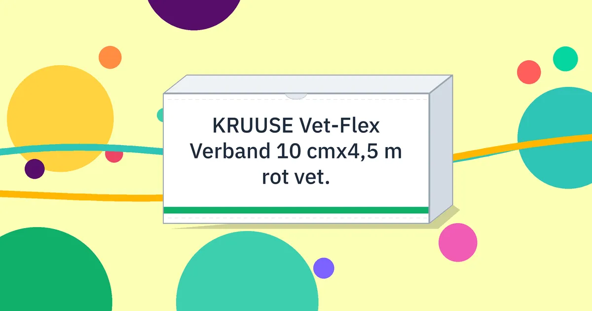 Symbolbild: Packung mit der Aufschrift KRUUSE Vet-Flex Verband 10 cmx4,5 m rot vet. (PZN 18443407) – Verfügbarkeit und Bezug in Apotheken in Frankfurt am Main